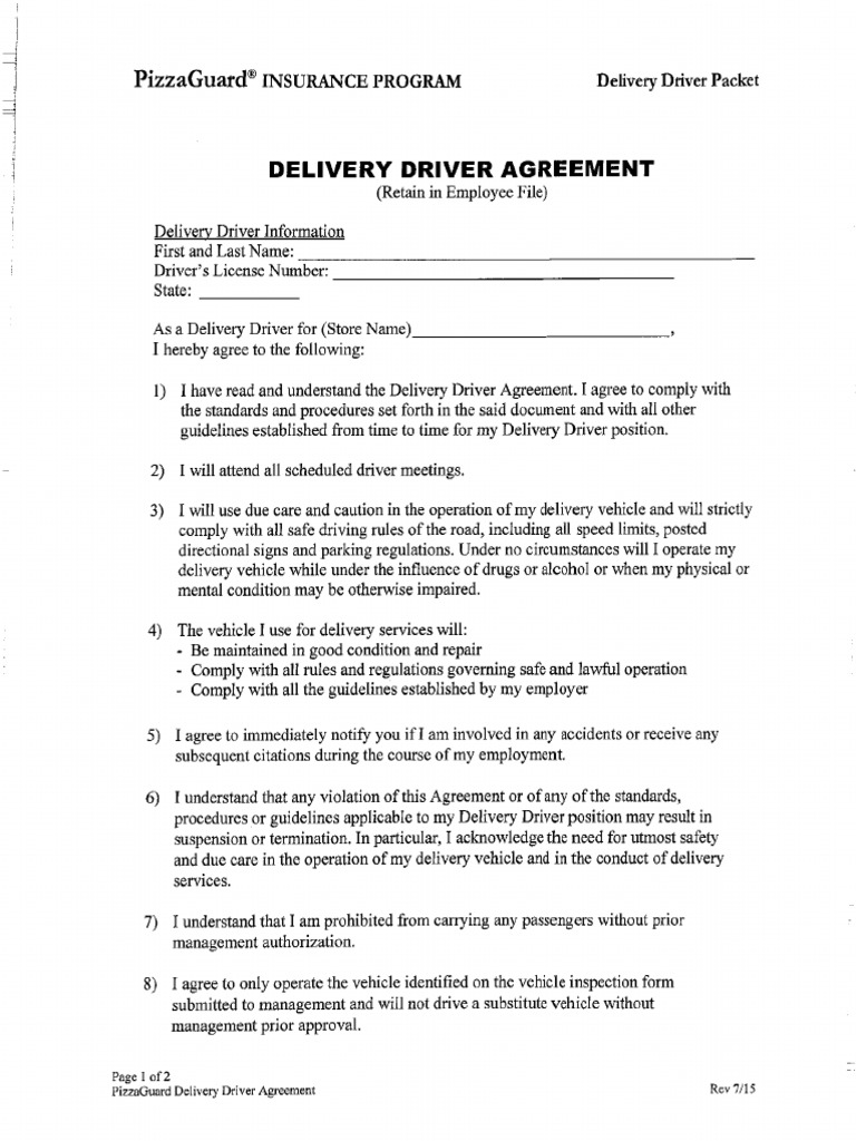Brenz Delivery Driver Agreement Form | PDF