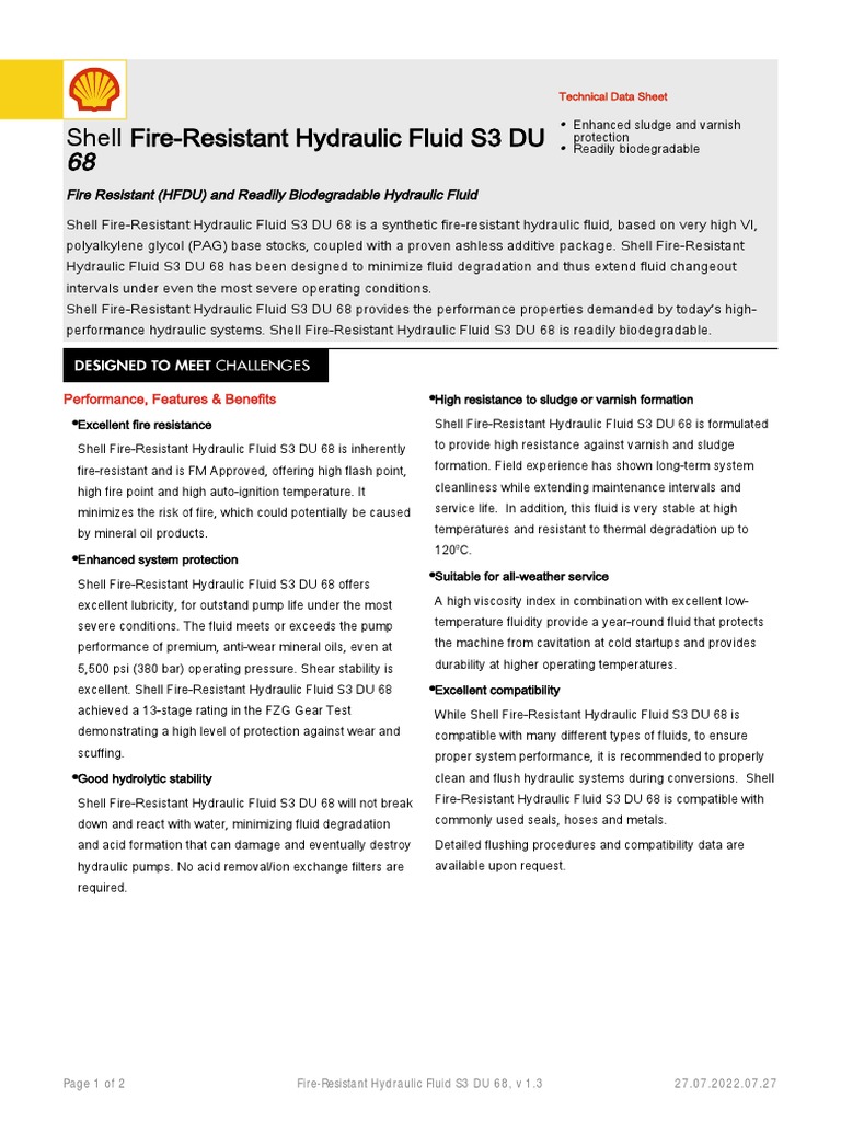Shell Fire-Resistant Hydraulic Fluid S3 DU 68 | PDF | Applied And ...