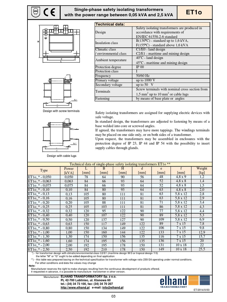 Single-Phase Safety Isolating Transformers ET1o With The Power Range ...