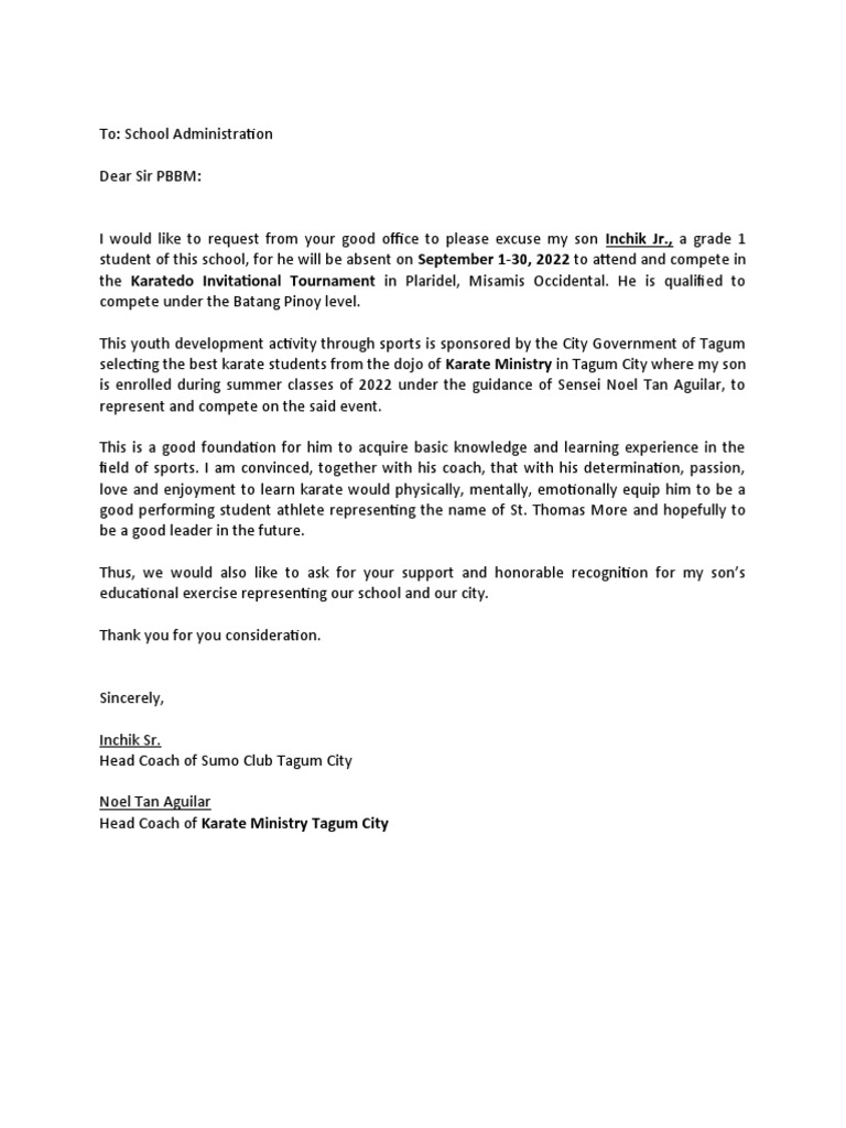 Excuse Letter of Inchik Jr. | PDF