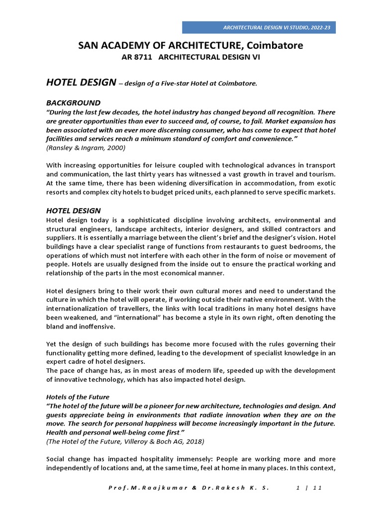 AR 8711 Architectural Design VI - Hotel Design | PDF | Housekeeping | Hotel
