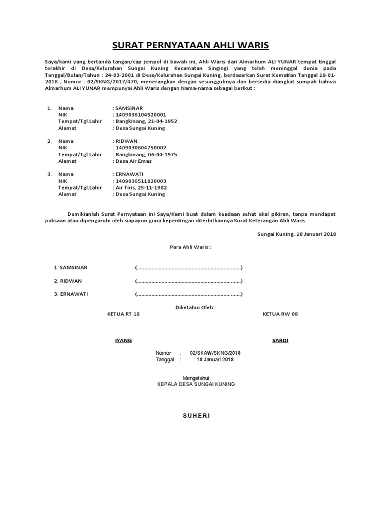 Surat Pernyataan Ahli Waris Diketahui RT | PDF