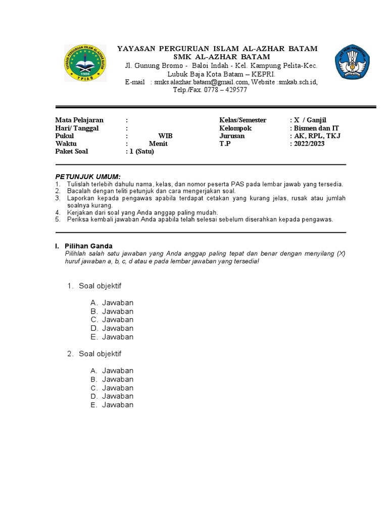 Format Soal Pas 2022-2023 | PDF