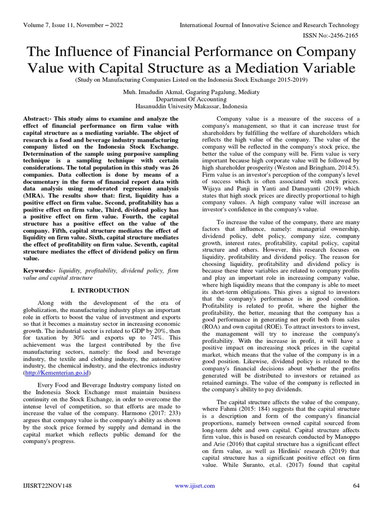 The Influence of Financial Performance On Company Value With Capital Structure As A Mediation ...