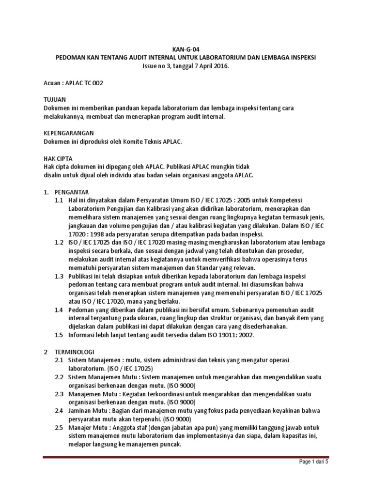 Acuan Normatif 18 KAN-G-04 PEDOMAN KAN TENTANG AUDIT INTERNAL UNTUK LABORATORIUM DAN LEMBAGA ...