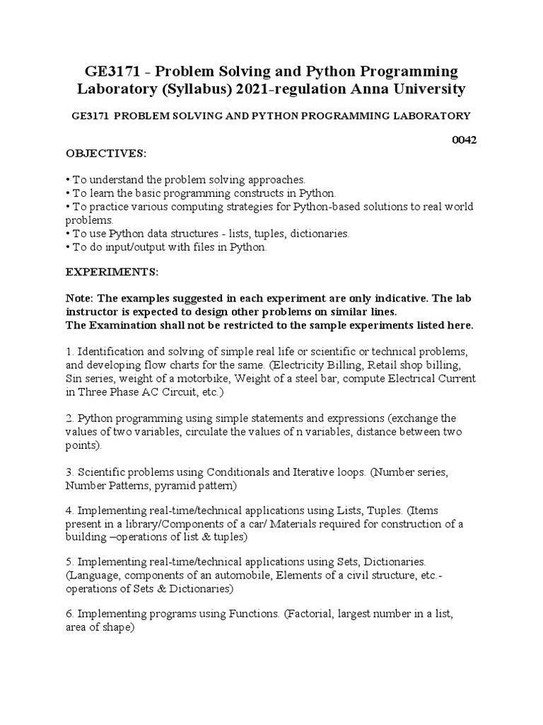GE3171 Syllabus | PDF | Python (Programming Language) | Computer Programming