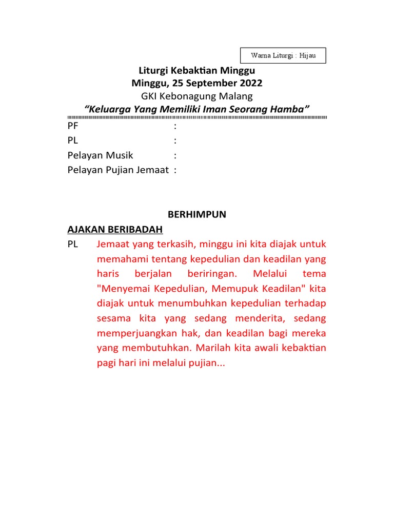 Liturgi Kebaktian Minggu 02 Oktober 2022 | PDF Liturgi Kebaktian Minggu 02 Oktober 2022 | PDF