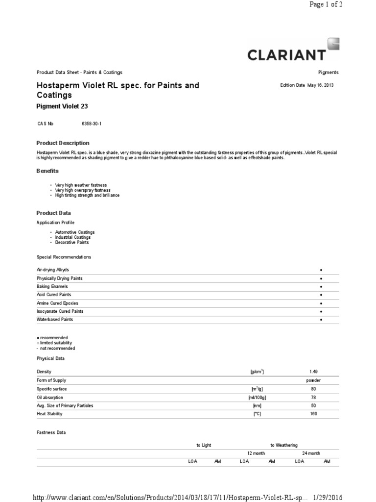 Hostaperm Violet RL Spec. For Paints and Coatings - Pigment Violet 23 ...