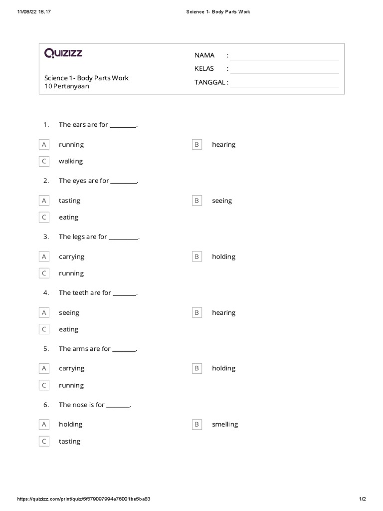 Body Parts Function Quiz for Kids | PDF | Wellness