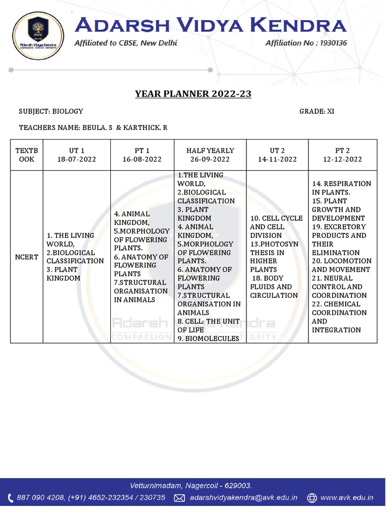 Year Plan Biology (Grade XI ) 2022-2023 | PDF | Biology | Reproduction