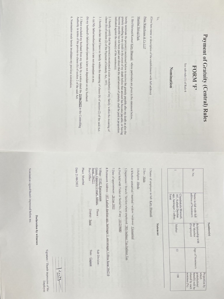 Gratuity Nomination Form 'F' Details | PDF | Social Institutions | Payments