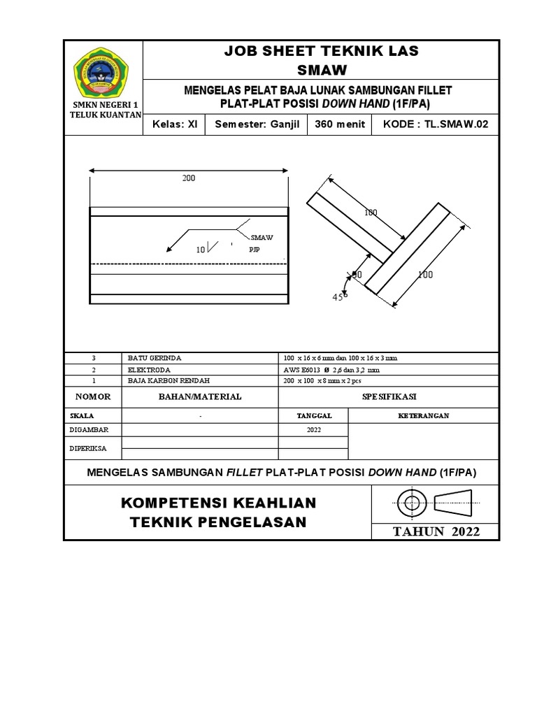 Job Sheet Pengelasan 1F SMAW Fillet | PDF