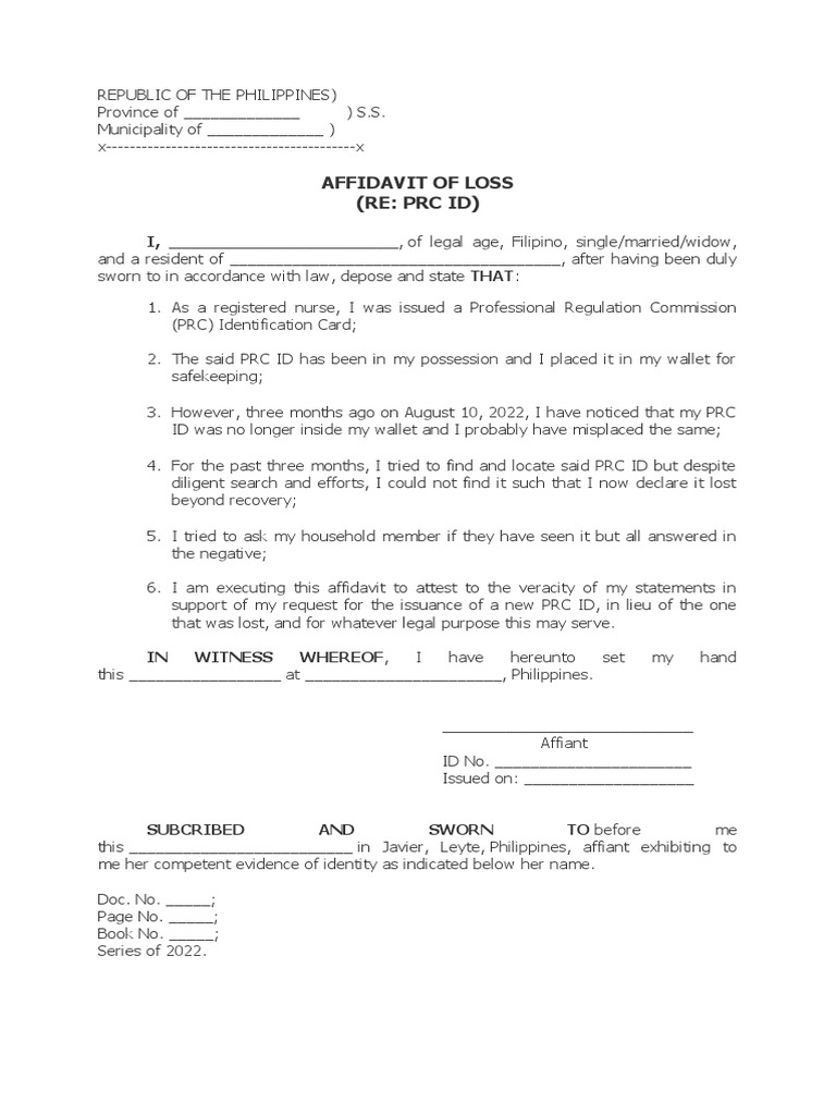 Affidavit of Loss for PRC ID | PDF