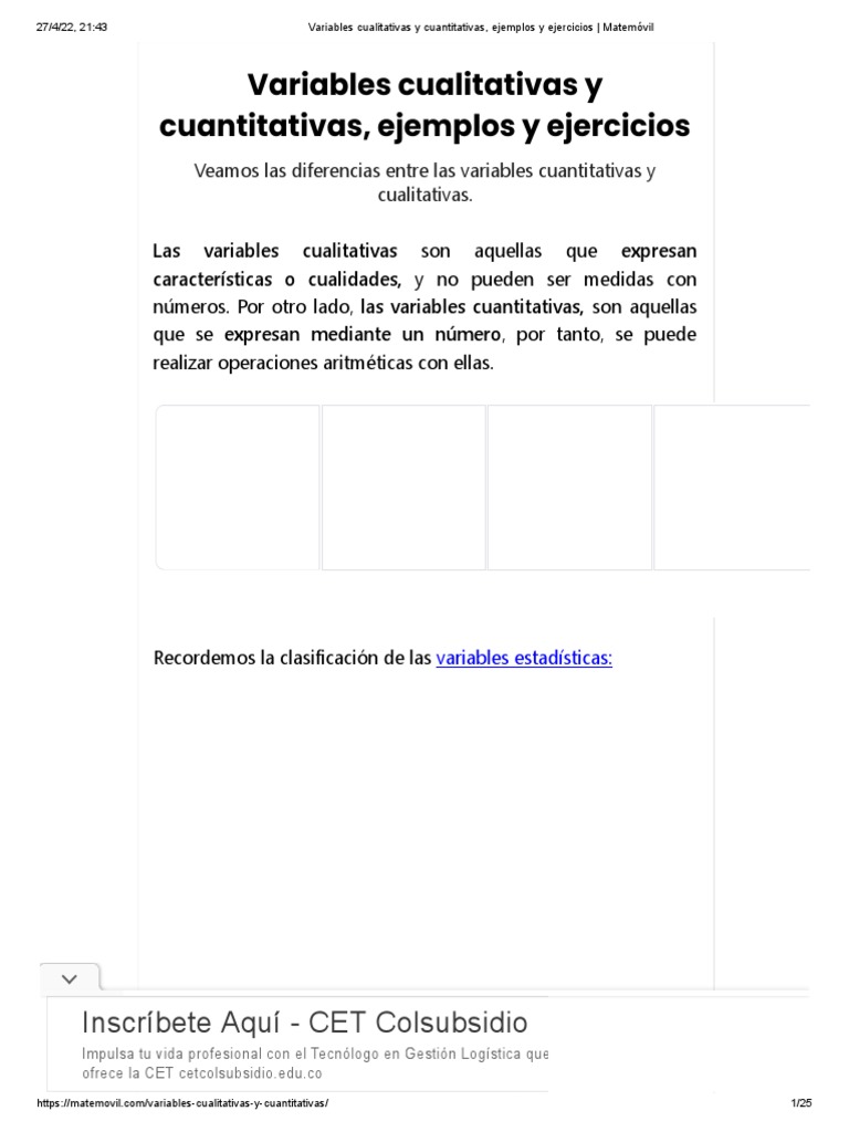 Variables Cualitativas y Cuantitativas, Ejemplos y Ejercicios - Matemóvil | PDF | Métodos ...