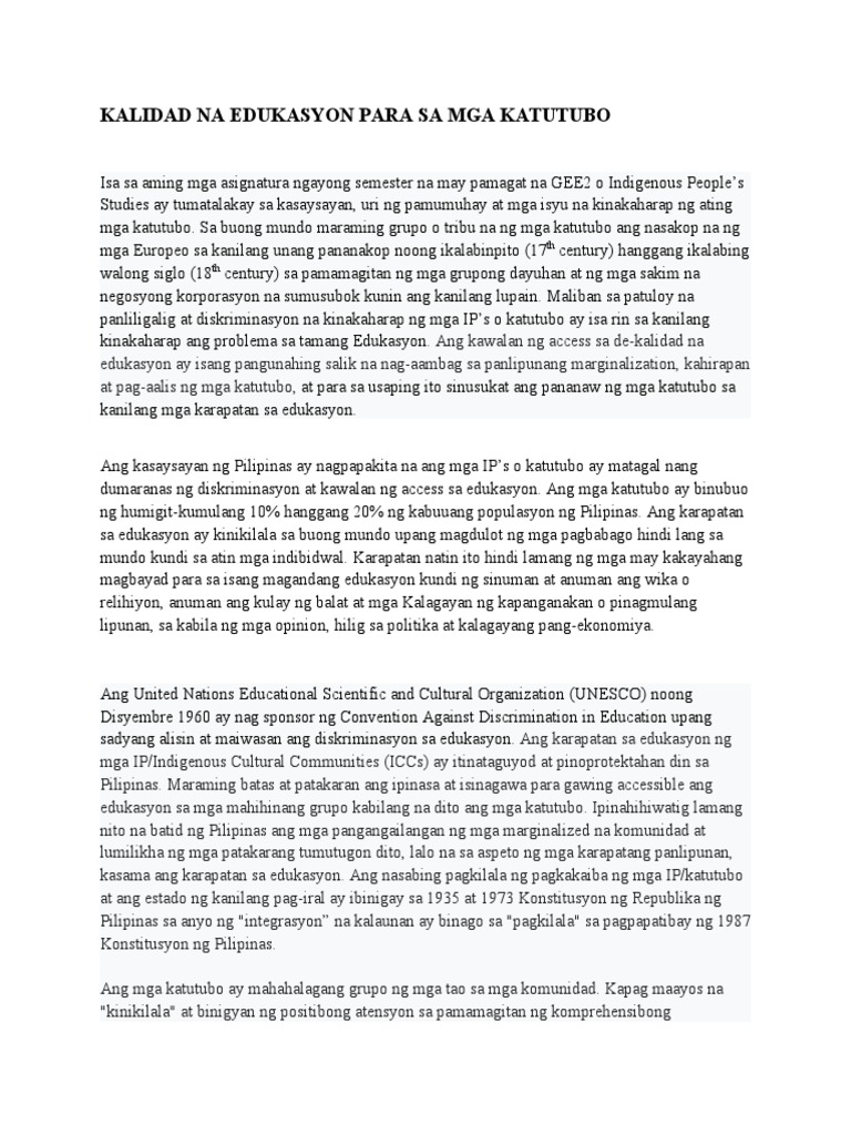 Kalidad Na Edukasyon para Sa Mga Katutubo | PDF