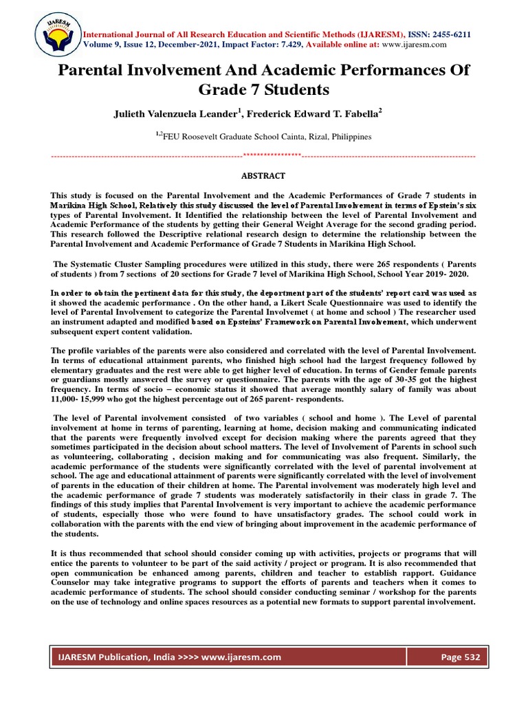 Parental Involvement and Academic Performances of Grade 7 Students ...