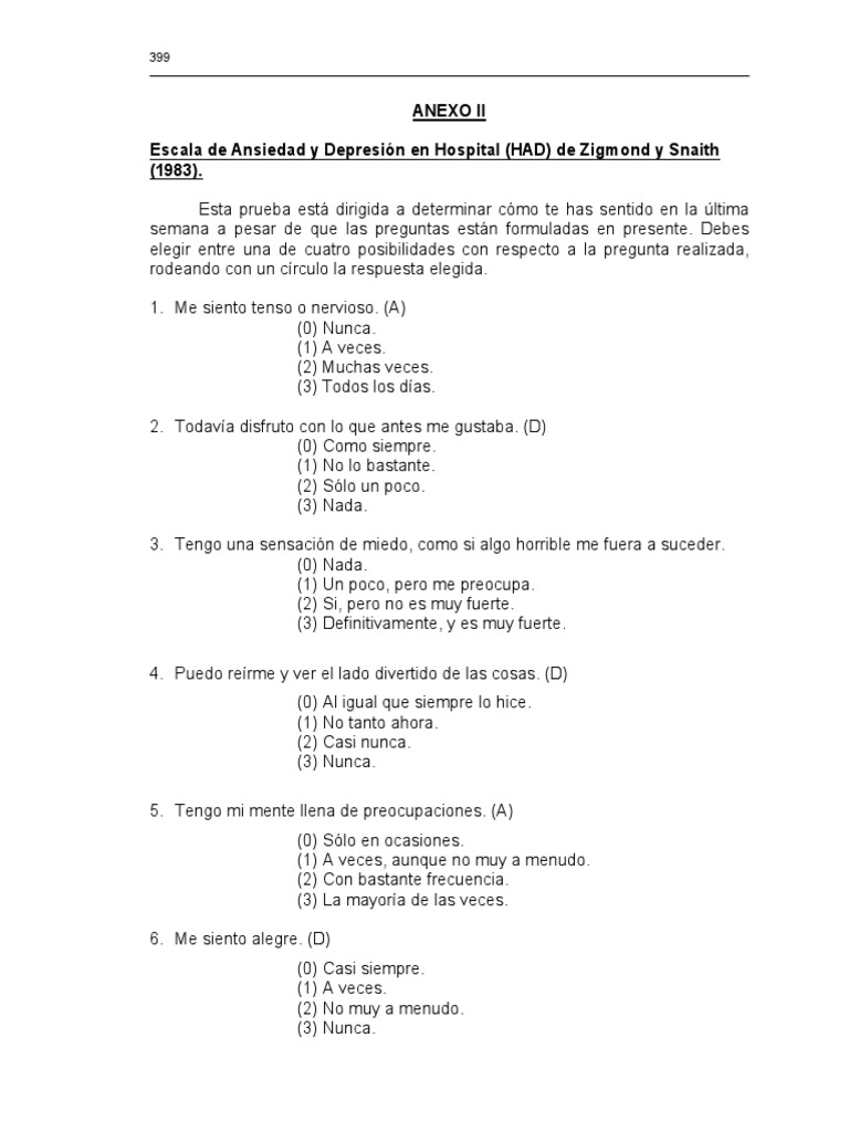 Test Hads Escala Hospitalaria - para Imprimir | PDF