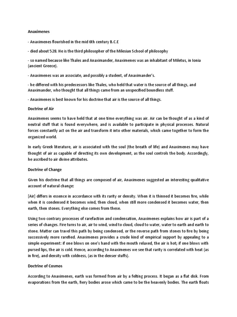 Anaximenes: Philosophy of Air | PDF | Metaphysics | Science