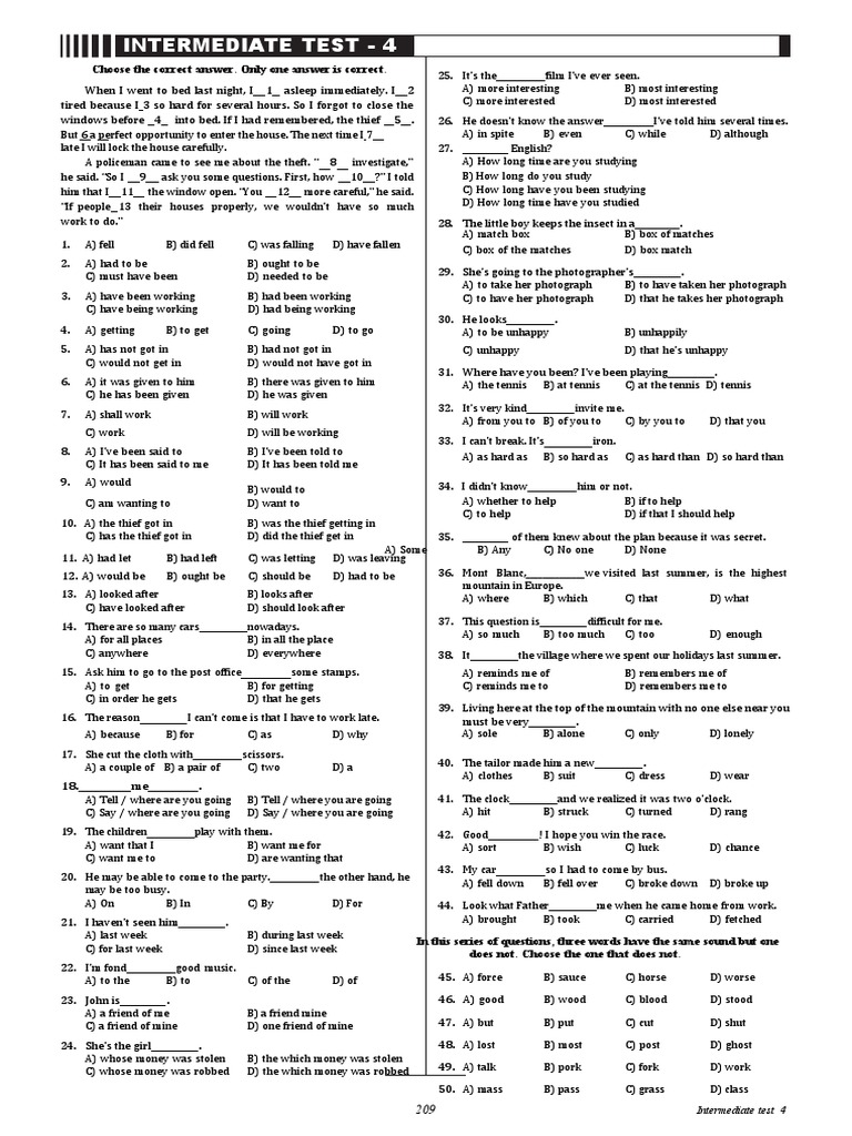 Intermediate English Test 4 Questions | PDF