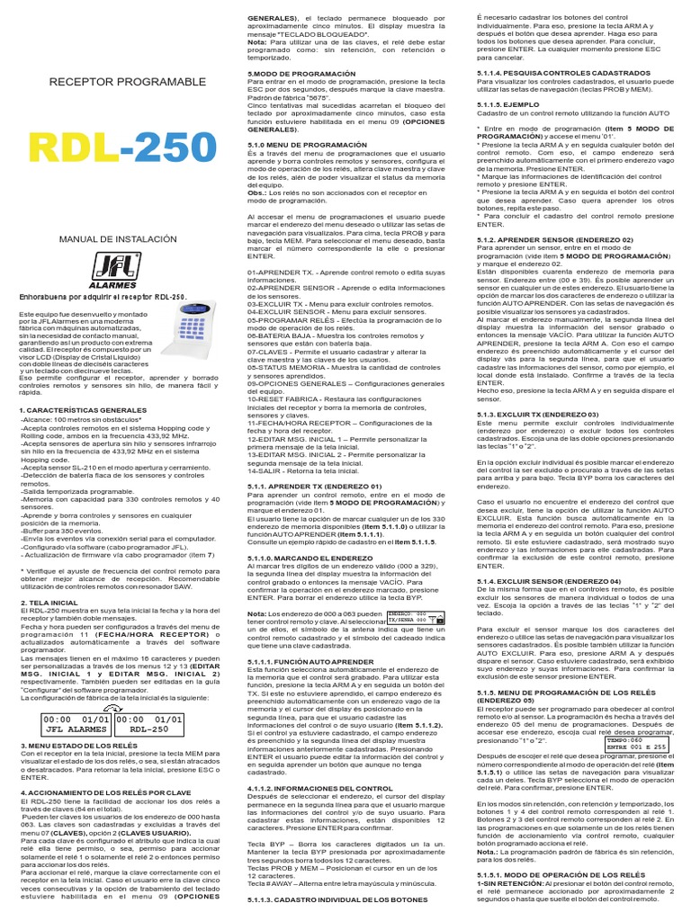 Receptor RDL-250: Guía de Configuración y Uso | PDF | Relé | Control remoto