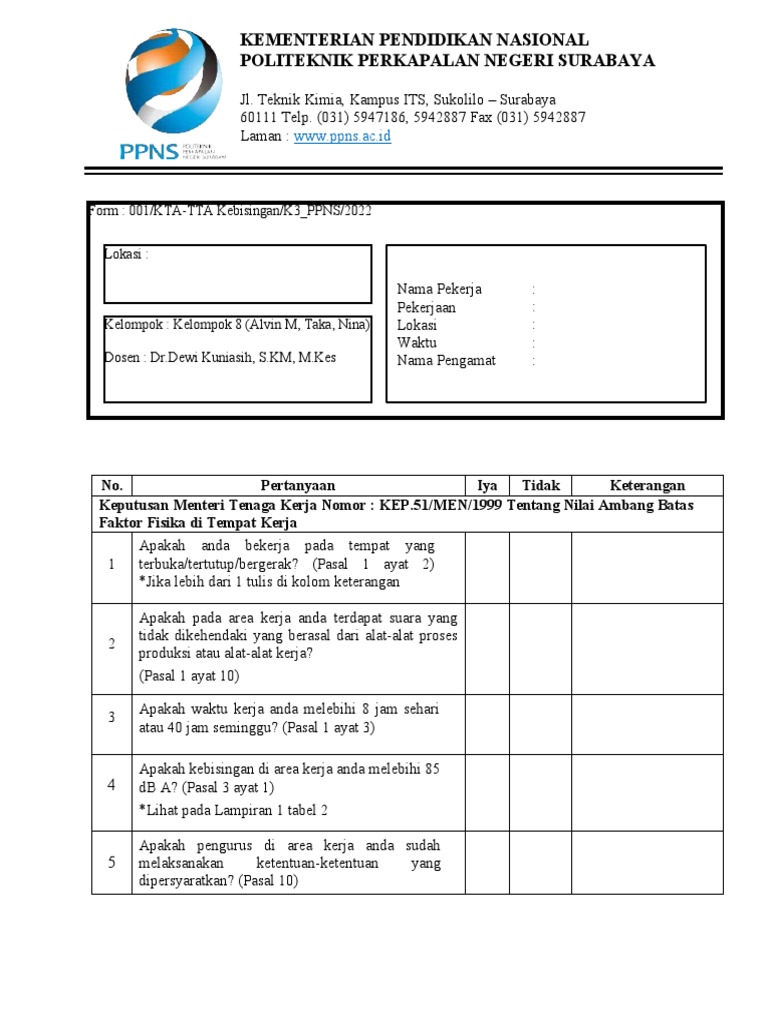 Form Inspeksi Kebisingan Kelompok 8 | PDF