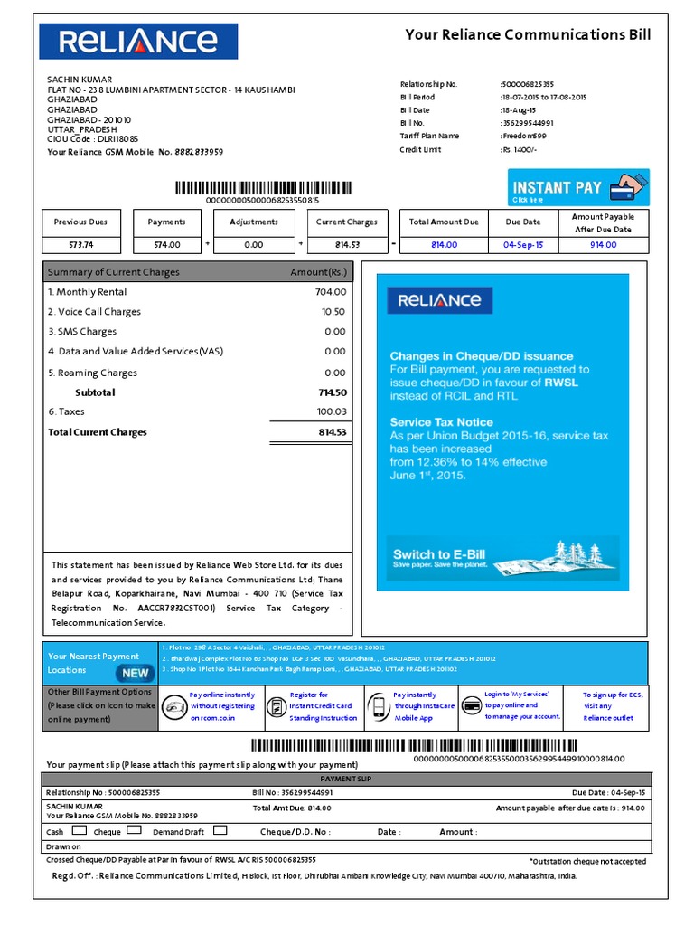 Your Reliance Communications Bill | PDF | Roaming | Cheque