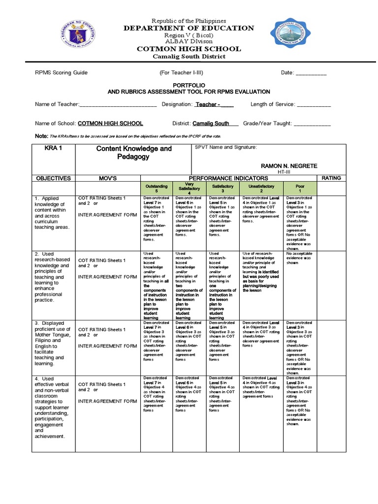 RPMS Evaluation Scoring Guide for Teachers | PDF | Teaching Method ...