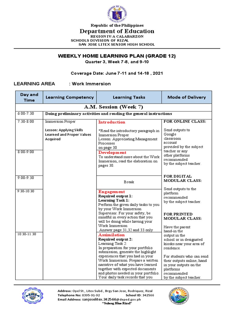 WHLP in Work Immersion - TVL WEEK 7 8 and 9 10 | PDF | Teachers | Learning