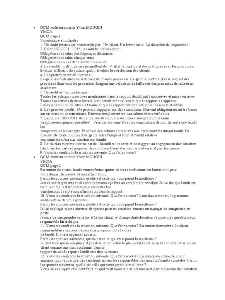 QCM Auditeur Interne Yvon MOUGIN | PDF | Audit