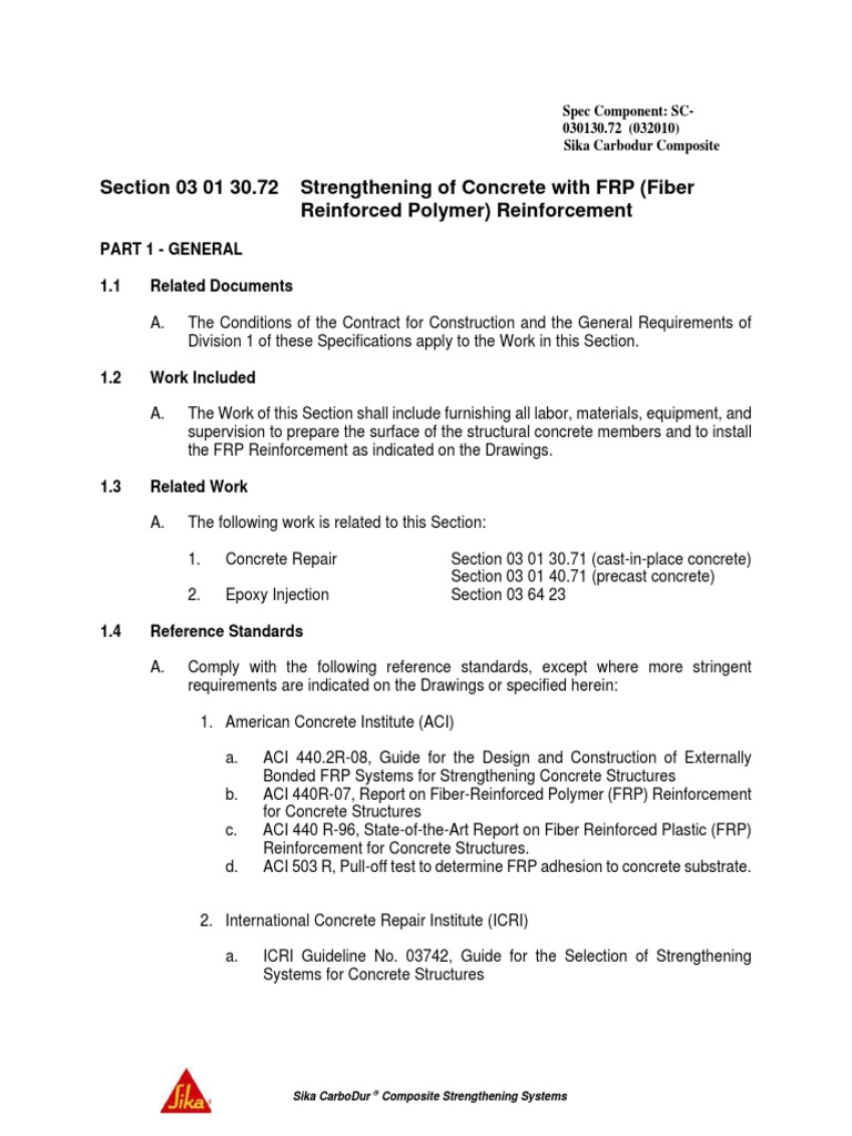 Sika Section 03 01 30.72 Strengthening of Concrete With FRP Fiber Reinforced Polymer ...