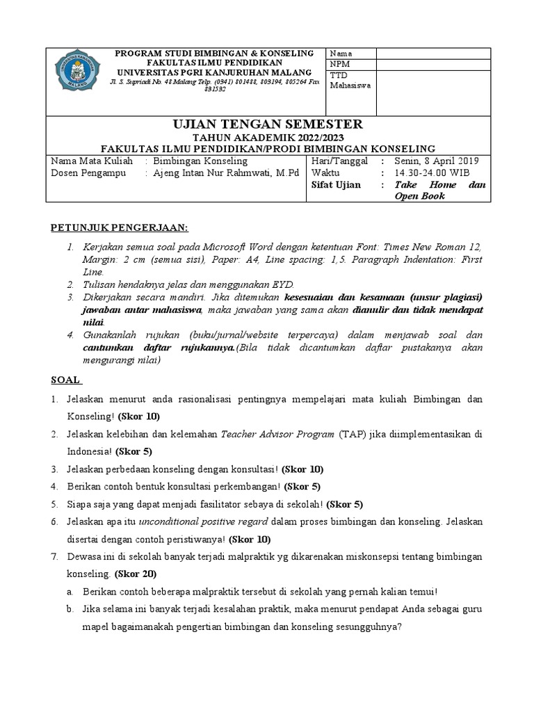 Uts Bimbingan Konseling Prodi Bing | PDF