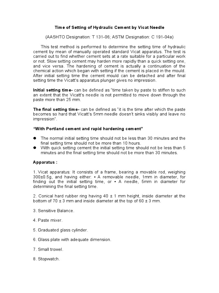 Vicat Needle Test for Cement Setting Time | PDF | Cement | Materials