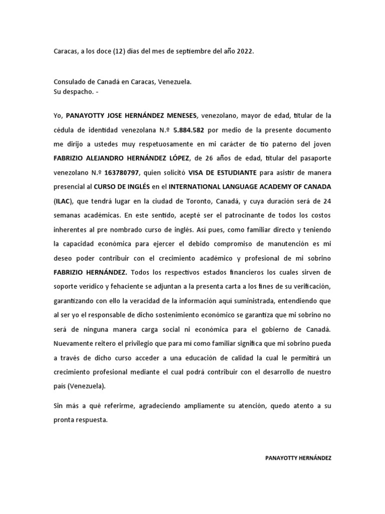 CARTA INTENSIÓN DE PAGO - CANADÁ (Corregida) 2022 | PDF | Salud y bienestar
