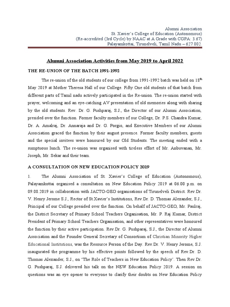 Alumni Association Annual Reports From 2019 To April 2022 | PDF | Society Of Jesus