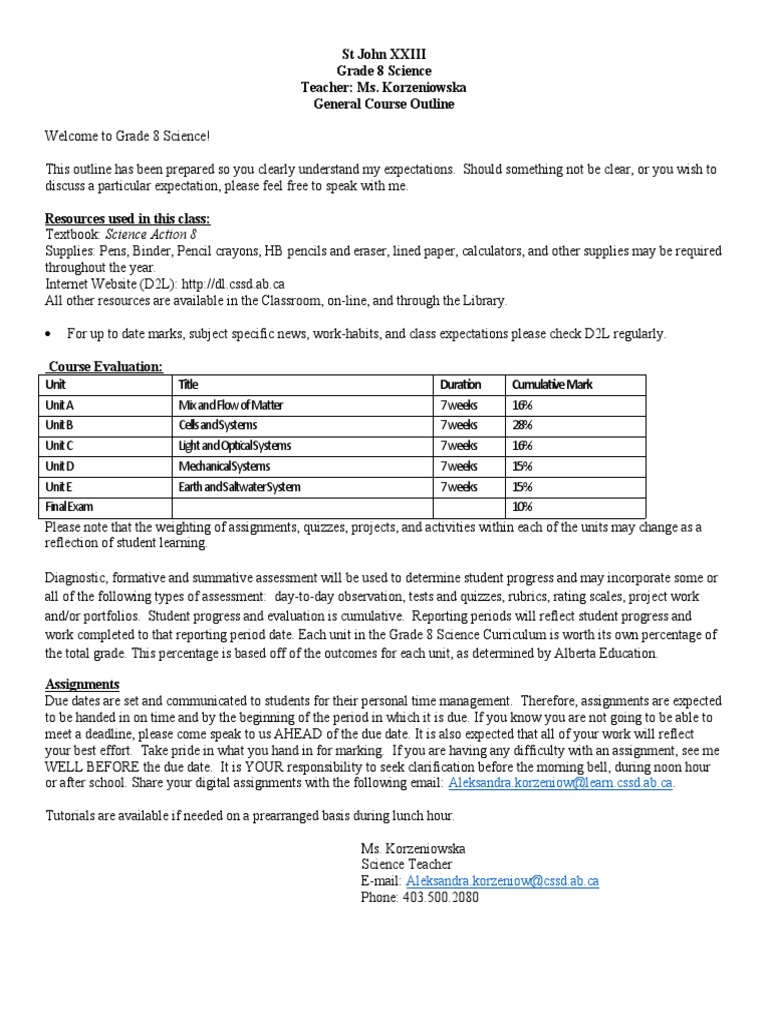 Science 8 Course Outline 2022-23 | PDF | Teachers | Science