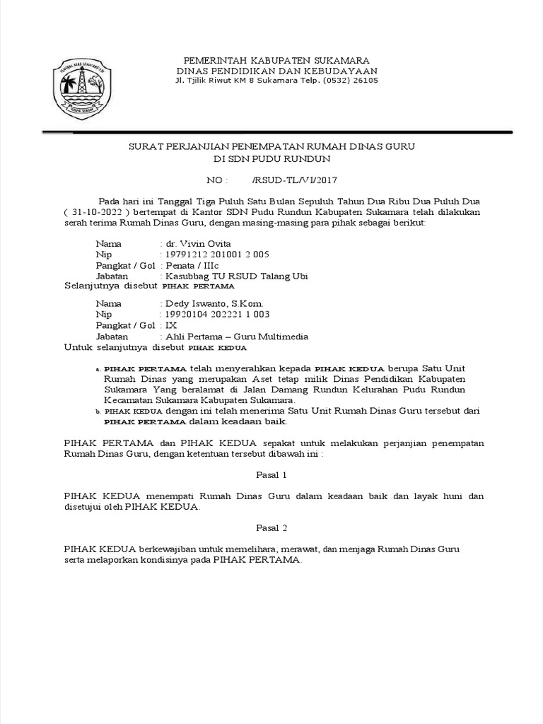 PDF Surat Perjanjian Pinjam Pakai Rumah Dinas | PDF