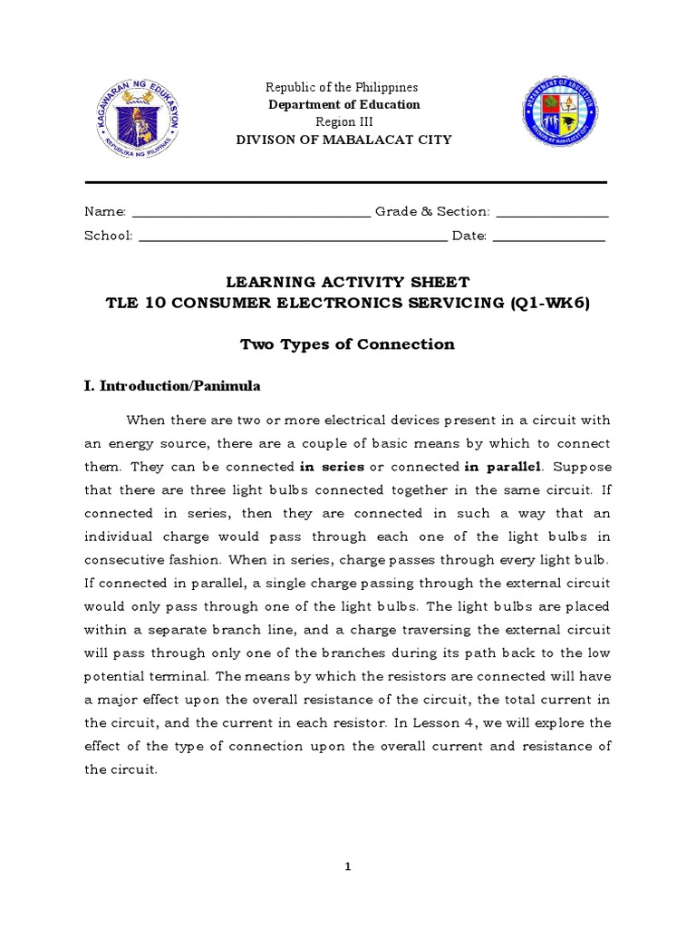 TLE10 Electronics Q1 Wk6 Two - Types of Connection | PDF | Series And Parallel Circuits | Toll Road