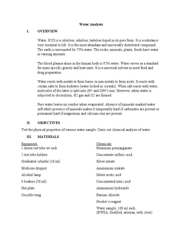 ACTIVITY 1 Water Analysis | PDF | Water | Salt (Chemistry)