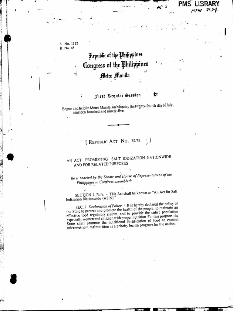 RA 8172 - An Act Promoting Salt Iodization Nationwide and For Related ...