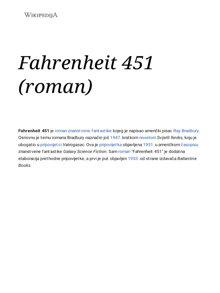 Fahrenheit 451 (Roman) - Wikipedija | PDF