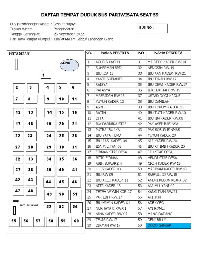 Daftar Tempat Duduk Bus Pariwisata Seat 59 | PDF