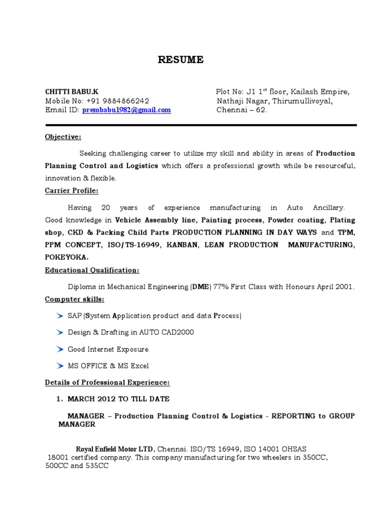 Resume: Chitti Babu.K Plot No: J1 1 | PDF | Inventory | Logistics