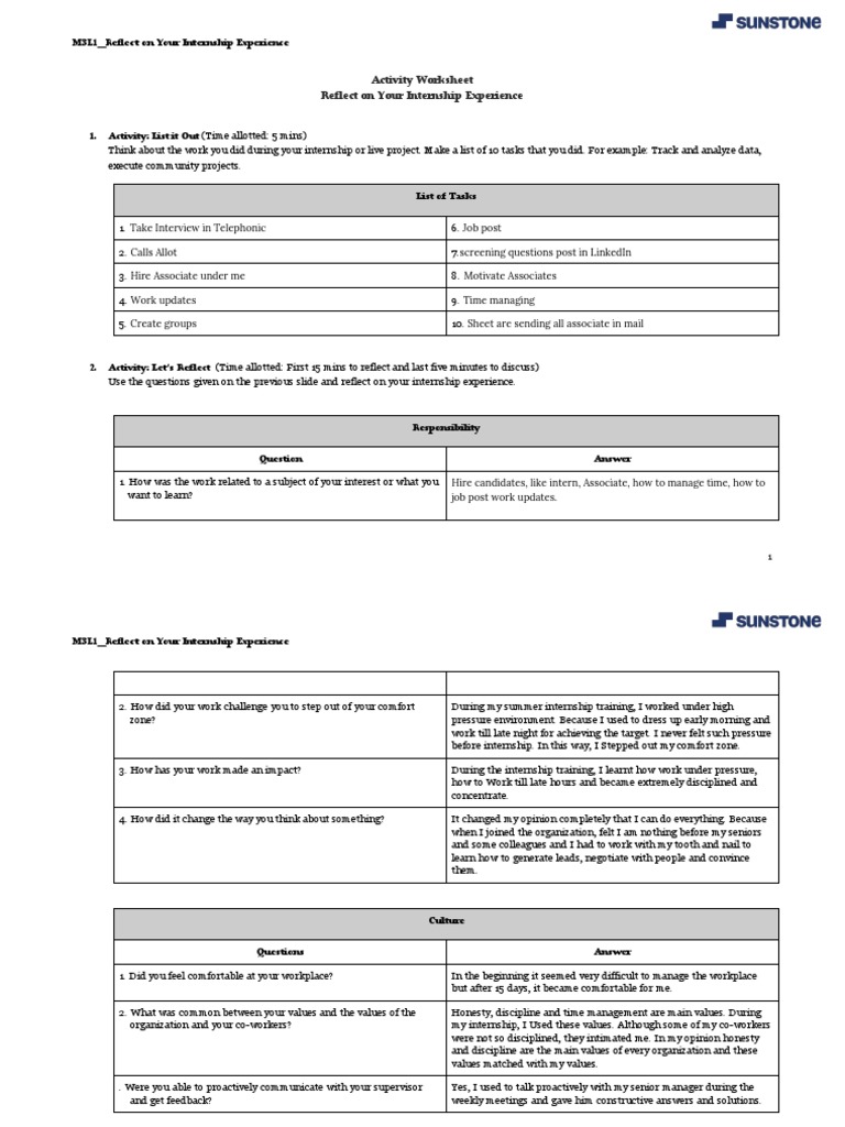 Reflecting on Internship Experience | PDF | Internship | Job Hunting