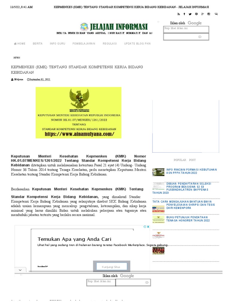 Kepmenkes (KMK) Tentang Standar Kompetensi Kerja Bidang Kebidanan - Jelajah Informasi | PDF