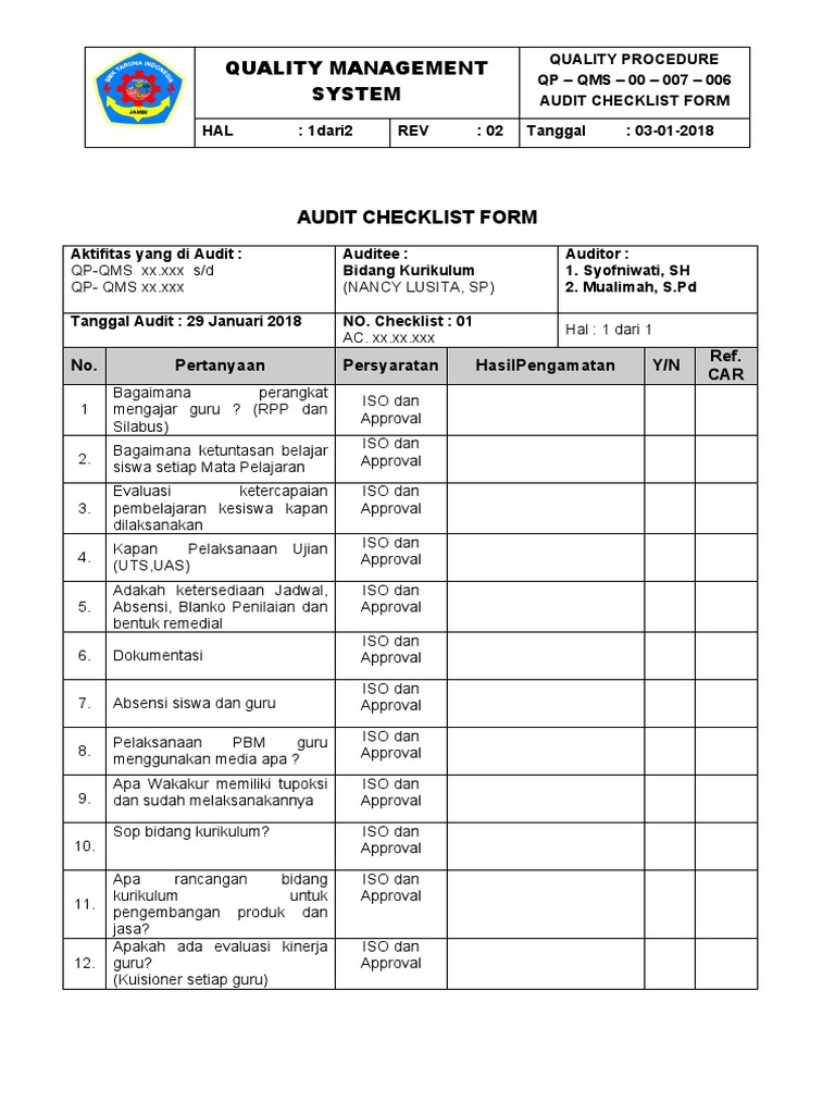 Audit Checklist Form | PDF