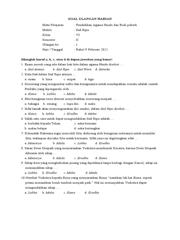 SOAL AGAMA Hindu 6 SAD RIPU | PDF