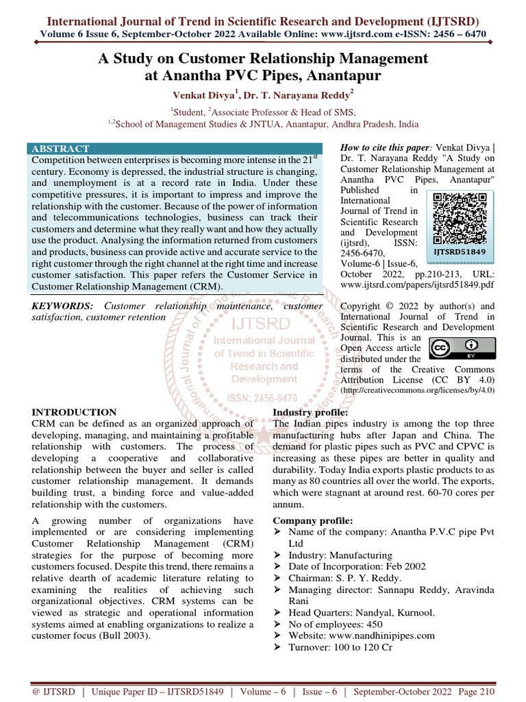 A Study On Customer Relationship Management at Anantha PVC Pipes, Anantapur | PDF | Customer ...