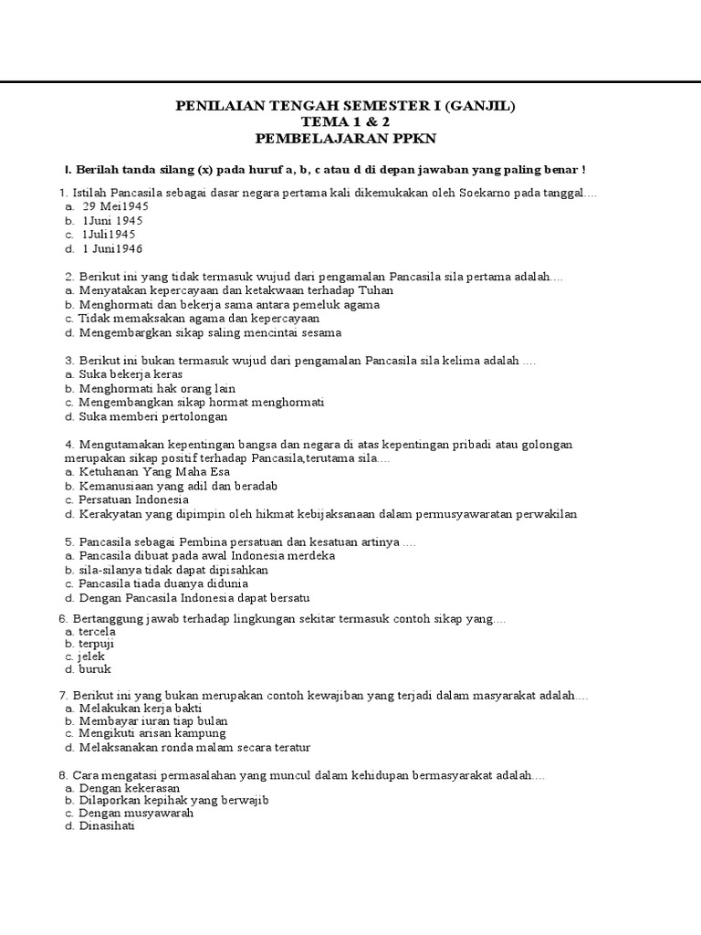 Soal PTS PPKN GANJIL KELAS 5 | PDF