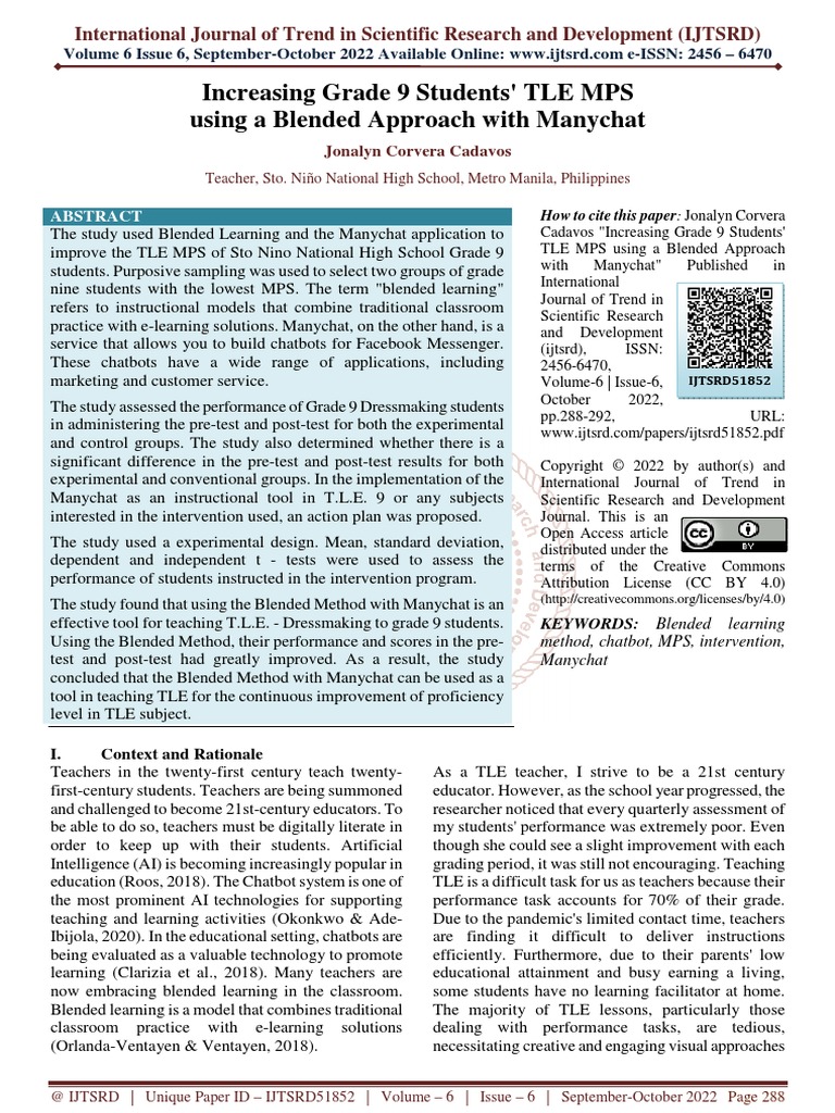 Increasing Grade 9 Students TLE MPS Using A Blended Approach With Manychat | Download Free PDF ...