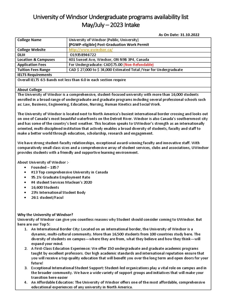 University of Windsor Program Availability List For MAY - 2023 Intake ...